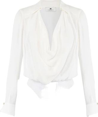 Elisabetta Franchi Femme, Blouses et Chemises, Blanc, Taille: 38 FR Draped Cowl Neck Long Sleeve Blouse