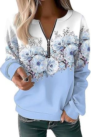 Generic T-shirt &agrave; manches chauve-souris, sport, basique, fermeture &eacute;clair quart de denim, bleu, blanc, jaune, motif floral, rue, col en V, haut &agrave; manches long