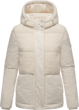 Marikoo Damen Teddy-Fleecejacke warme Winterjacke Plüschjacke in angesagtem Materialmix mit Kapuze Sheeta 16 Offwhite Gr. L