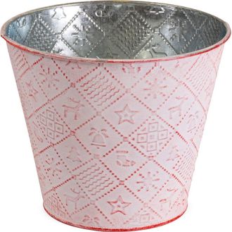 Matches 21 Runder Pflanztopf Winterdeko, Pflanzkübel in Ø 12 x 11 cm, Rot - Metall Pflanzschale als Weihnachtsdeko - Dekorative Blumenschale für Zimmerpflanzen, 