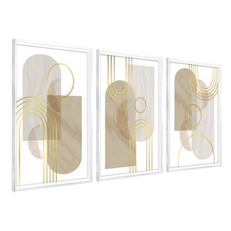 DekoArte Tableau decoration murale salon MINIMALIST GOLD 50x70 cm x3 pi&egrave;ces - Tableaux avec cadre blanc inclus