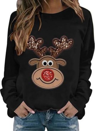 Generic HUIFUAO Sweat-shirt de Noël pour femme - Pull de Noël pour femme - Haut imprimé renne - Pull décontracté - Tenue de Noël pour femme, Z11 Noir, XXL