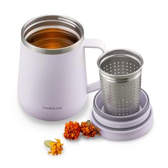 LocknLock Metro Teebecher, Violett, 400 ml, Tee- und Kaffeebecher mit Tee-Ei, Deckel und Griff, doppelwandig, Edelstahl, vakuumisoliert, Reisebecher