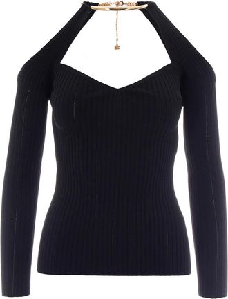 Elisabetta Franchi Femme, Pulls, Noir, Taille: 42 FR Chemisier en maille c&ocirc;tel&eacute;e avec d&eacute;tail de cha&icirc;ne