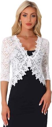 Allegra K Boléro en Dentelle Florale Femme Manches 3/4 Élégant Cardigan Court Transparent Gilet Léger pour Invité de Maraige Blanc XS