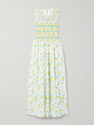 Loretta Caponi Gioia Midikleid Aus Bedrucktem Baumwoll-voile Mit Raffungen - Weiß