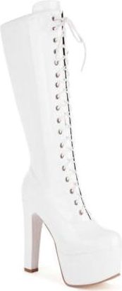 Generic Bottes Femmes en Plateforme À Lacets Jusquau Genou, Talons Épais Cuir Verni, Style Punk Gothique,Blanc,46 EU