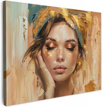 MuchoWow © Impression sur Toile Photo Peinture 80x60 cm Tableau Decoration Murale Chambre Salon Maison Deco Cuisine Femme - Portrait - Or - Luxe