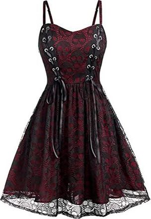 Minetom Robes Femme Mini Robe À Carreaux Robes De Cocktail sans Manches Rétro Halloween Rockabilly Bandage Corsage Dentelle Gothique Steampunk Robe D Rouge XS