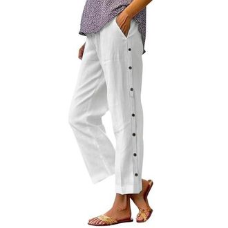 Generic Pantalon d&eacute;t&eacute; 3/4 en mousseline pour femme - Pantalon d&eacute;t&eacute; l&eacute;ger en lin - Avec poches - D&eacute;contract&eacute; - Pantalon en tissu &eacute;lastique et confortable - Pou