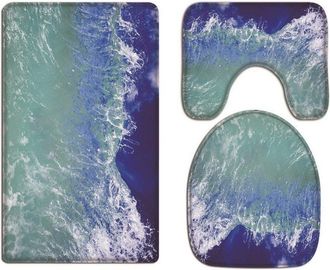 A.Monamour Badezimmer Badematte 3 Teilig Set Spritzwasser Blau Ozean Meer Welle Sch&auml;ume Wolke Im Himmel Toiletten&uuml;berzug Flanell Saugf&auml;hig Badteppiche Badvorlege