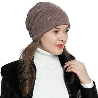 DonDon Bonnet Femme Hiver Slouch Beanie doubl&eacute; avec Strass &eacute;toiles - Marron Clair