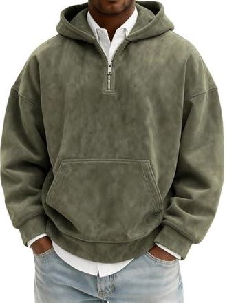 Generic Sweat à capuche rétro en daim synthétique avec fermeture éclair quart pour homme, manches longues, coupe ample, avec poche, pull dhiver décontracté po