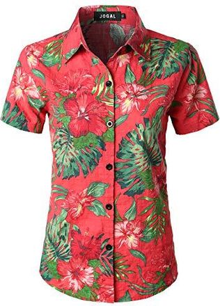 JOGAL Chemise hawa&iuml;enne d&eacute;contract&eacute;e &agrave; manches courtes pour femme Motif floral, Corail rouge., XXL