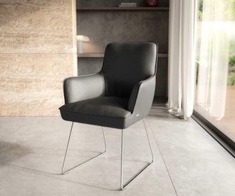 DELIFE Esszimmerstuhl Heira-Flex mit Armlehnen Echt-Leder Schwarz Kufengestell Edelstahl Taschenfederkern, Esszimmerstühle