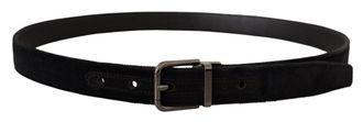 Dolce & Gabbana Mens Black Velvet Silver Tone Logo Metal Buckle Belt Leather