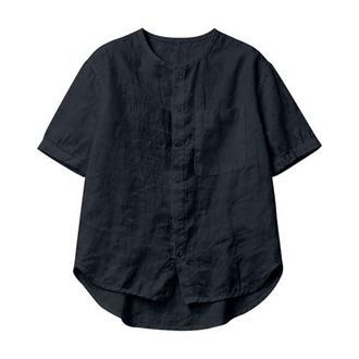 Generic Chemisier d&eacute;contract&eacute; &agrave; manches courtes et col rond en coton et lin pour femme, Noir, 3XL