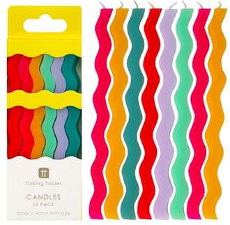 Talking Tables 12 x Wavy Geburtstagskerzen für Kuchen Cake Topper Dekoration Premium Qualität bunte Regenbogenkerzen 12,5 cm Höhe recycelbare Verpackung