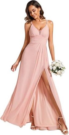 Ever-pretty Robe de Demoiselle dhonneur Fendu Bretelles Plissé sans Manches Col V A Line Taille Empire Robe de Cérémonie dété Élégante Classique Rose 42