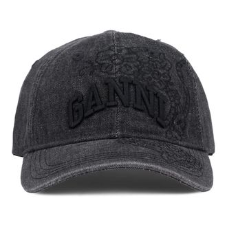 Ganni Femme, Accessoires, Gris, Taille: ONE Size Casquette en jean brod&eacute;e d&eacute;lav&eacute;e