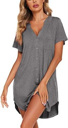 Ekouaer Chemise de Nuit Sexy Femme Col V Manches Courtes Robe de Nuit Bouton Ouvert Devant Chic VêTements de Nuit, Gris foncé, XXL
