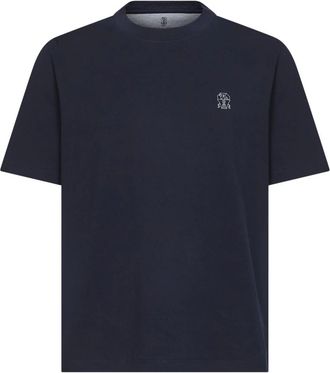Brunello Cucinelli Homme, Tops, Bleu, Taille: L T-shirt ras du cou en jersey de coton avec logo
