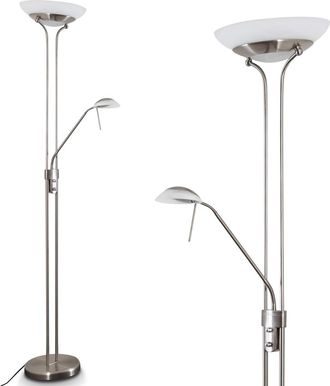 HOFSTEIN LED Stehlampe Biot, dimmbarer Deckenfluter aus Metall in Nickel-matt, 18 u. 5 Watt, 2070 Lumen (insgesamt), Lichtfarbe 3000 Kelvin (warmweiß), Standle