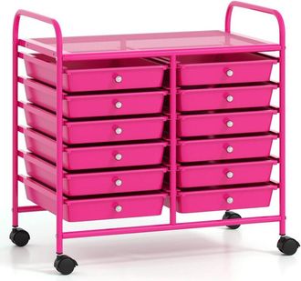 Costway Costway - Chariot de Rangement à roulettes 12 Tiroirs en pp, Tour de Rangement avec Tablette, Roues Universelles, Cadre en Métal (Rose Bonbon)