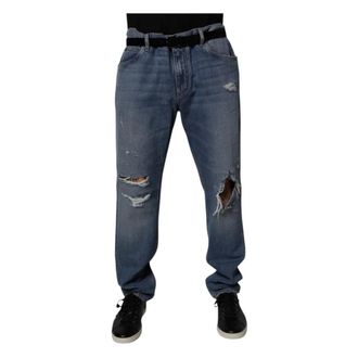 Dolce & Gabbana Homme, Jeans, Bleu, Taille: 3XL Jean Droit en Denim de Coton Effiloch&eacute;