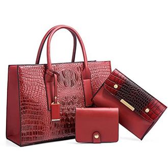Generic Lot de 3 sacs &agrave; main pour femme avec poign&eacute;e sur le dessus, sac &agrave; bandouli&egrave;re tendance crocodile, grand sac fourre-tout pour femme, Rouge, Large