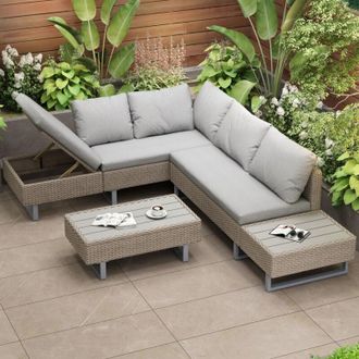 STILVORA Salon de Jardin avec 1 Canap&eacute; dAngle Modulable, 1 Table Basse et Coussins, pour 4 &agrave; 5 personnes, Rotin PE, Acier et Tissu Imperm&eacute;able, Kaki