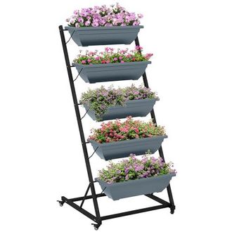OUTSUNNY Pflanzenst&auml;nder, Blumenst&auml;nder mit 5 Etagen, Pflanzenregal mit Rollen, Blumenregal mit L&ouml;chern Pflanzentreppe f&uuml;r Garten, Stahl, Grau, 65 x 67 x 145 c
