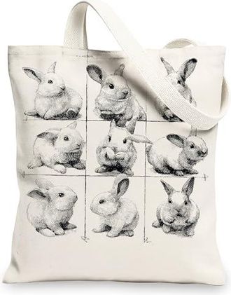 Generic Sacs fourre-tout en toile motif lapin mignon, sacs de courses réutilisables, sacs de courses vintage légers et lavables en toile pour voyage, plage, p