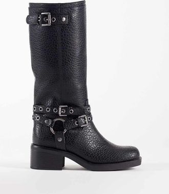 Asos Cassandra - Strukturierte Biker-Stiefel in Schwarz mit &Ouml;sen