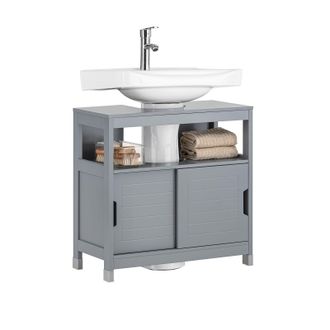 SoBuy Waschbeckenunterschrank Badezimmerschrank - Badschrank mit Fu&szlig;polster, Unterschrank Waschbecken - Kommode f&uuml;r Badezimmer, Badm&ouml;bel, Stahlgrau, 60x61x3