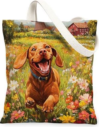 Generic Spring Vizsla Sac fourre-tout en toile r&eacute;utilisable pour faire du shopping, 33 x 38,1 cm, motif chiot de campagne, sac d&eacute;picerie pour femme, motif flo