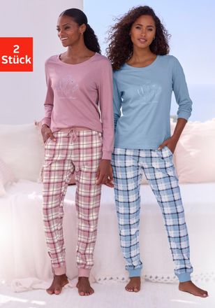 Vivance Pyjama VIVANCE DREAMS, Damen, Gr. 32/34, blau (mauve und graublau kariert), Single Jersey, Obermaterial 2: 100% Baumwolle, kariert, Basic, bequem lang