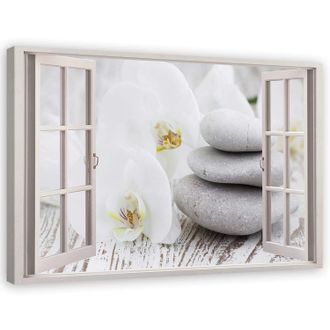 Feeby Leinwandbilder - Deko Bilder - Fensterblick Orchidee Wei&szlig; Zen - Canvas 120x80 cm XXL 1tlg- Wandbilder Schlafzimmer - Aesthetic Room Decor - Modern Wan