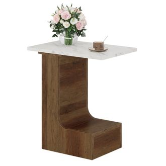 Tribesigns Beistelltisch C Form, 2-Stufiger Sofatisch Couchtisch mit Marmorfarbe Holzbretter, 40&times;60&times;65 cm, Beistelltisch Schmal f&uuml;rs Wohnzimmer, Schlafzimmer, In
