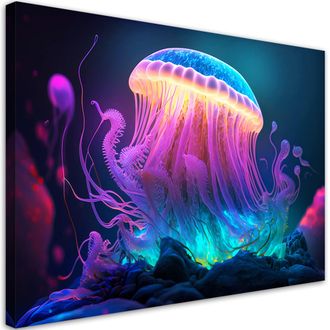 Feeby Bilder Neon Qualle Wasser 100x70 cm 1 tlg Modern Leinwandbilder Bild auf Leinwand Kunstdruck Wand Bild Wanddeko Design Schlafzimmer Büro Flur Hotel Sp