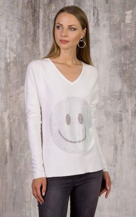 Passioni Strickpullover mit Strass-Smiley