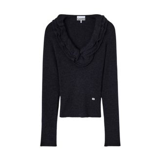 Ganni Geripptes Merino-Fransen-Oberteil - - Knitwear - Damen - Schwarzk - M