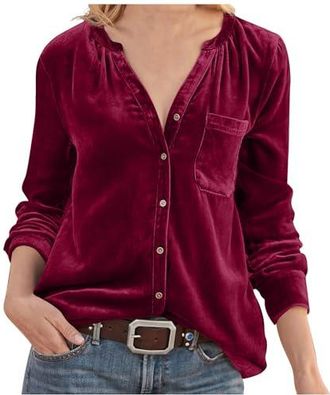 Generic Keepink Haut en velours pour femme - Couleur unie - Col en V - Rétro - Doré - Haut de fête à boutons - Chemise à manches longues - Ouverture sur le de