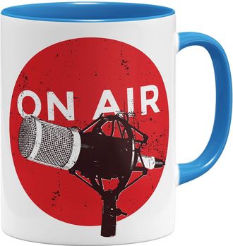 OM3 ON-AIR Microphone Kaffee-Tasse für Streamer Podcast - Keramik Becher - 11oz 325ml - Beidseitig Bedruckt - Hellblau