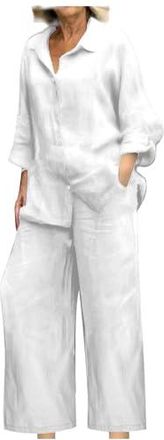 Generic Ensemble 2 pi&egrave;ces en lin pour femme 2024, chemises amples &agrave; manches longues, jambes larges, pantalon assorti, tenues de vacances grande taille, combin