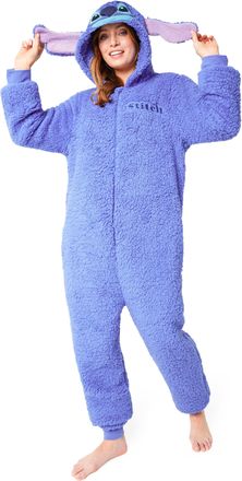 Disney Stitch Onesie Damen & Teenager, Lilo und Stitch Fleece Einteiler Damen mit Kapuze & Ohren Geschenke Erwachsene (Blau Stitch, XL)