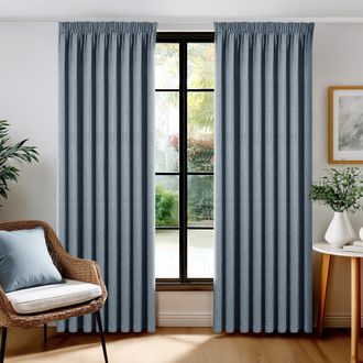 Deconovo Leinen Verdunklungsvorhang mit Kr&auml;uselband, 100% Blickdicht, Thermo & Schallschutz, Leinenoptik Blackout Gardine f&uuml;r Wohnzimmer, H260 x B140 cm, Blaug