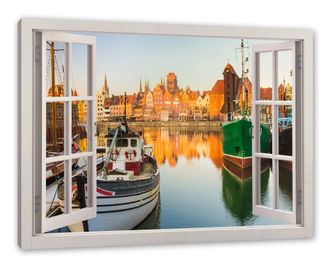 Pixxprint Hafen in der Dämmerung, Fenster, Größe: 100x70cm, Leinwandbild, fertig gespannt, Wandbild, Dekoration, Kunstdruck, kein Poster