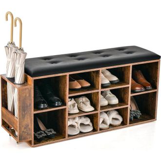 Costway Costway - Schuhbank mit Schirmst&auml;nder, mit verstellbaren Ablagen, 10 offene F&auml;cher, Sitzbank gepolstert, 110 x 30 x 52 cm, Vintage