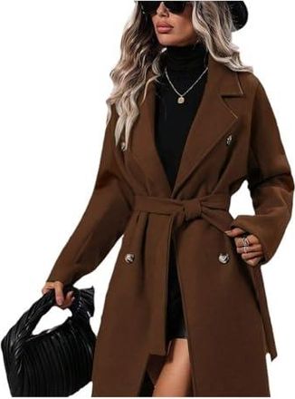 Generic Trench-Coat Long ceintur&eacute; for femmes, veste coupe-vent chaude avec poches avant, v&ecirc;tements dext&eacute;rieur classiques jusquaux genoux(brun,XXL)